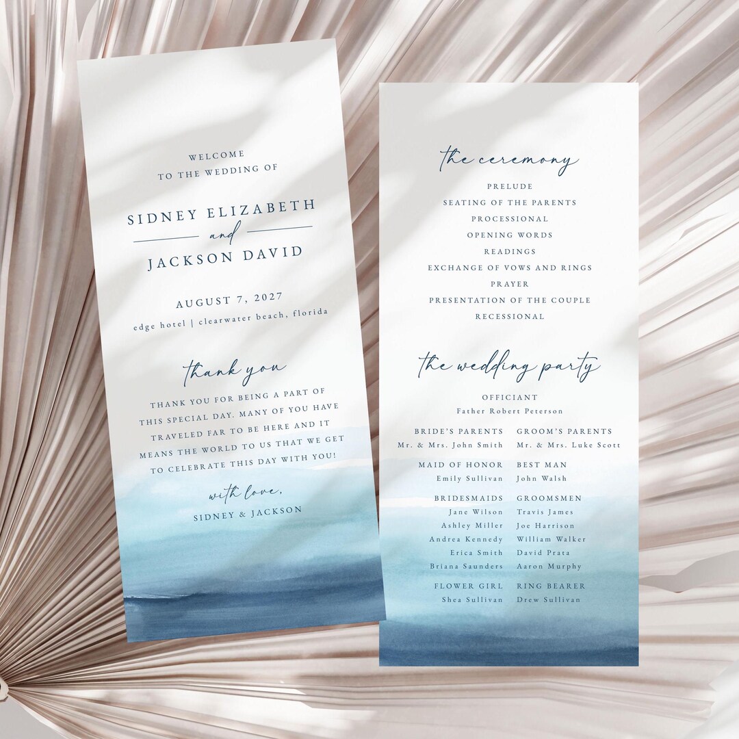 Blue Watercolor Beach Wedding Program Template (digital Download ...