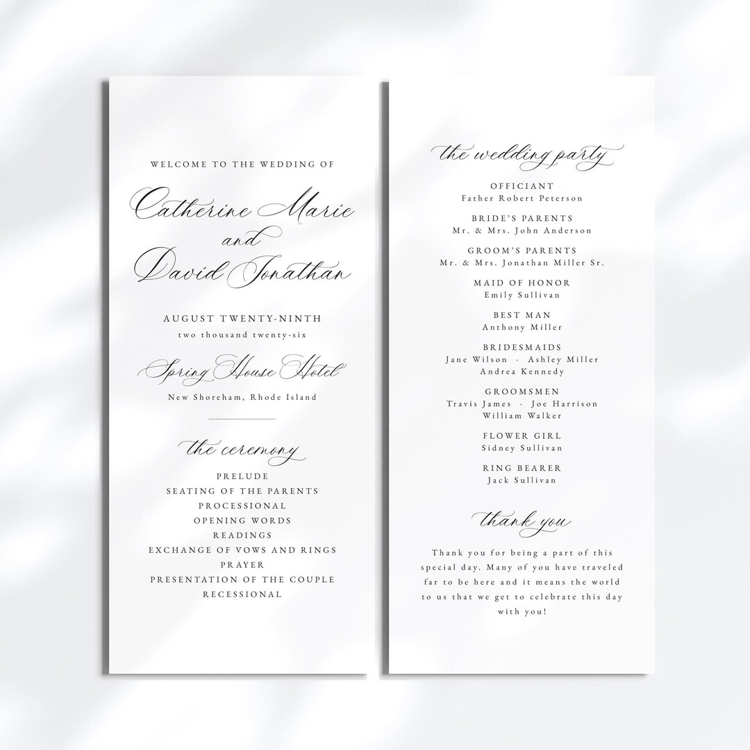 Modern Wedding Program Template - Minimalist Simple Black Calligraphy ...