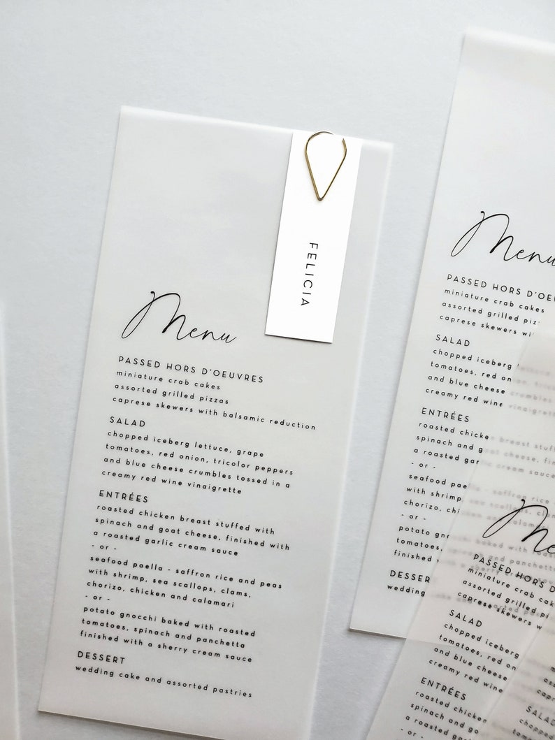 Clear Wedding Menus With Name Card and Clip Custom Printed | Etsy