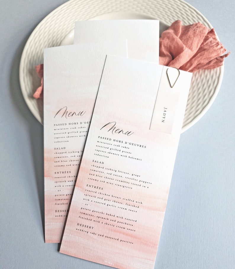 Blush Pink Wedding Menus With Name Card and Clip Custom - Etsy