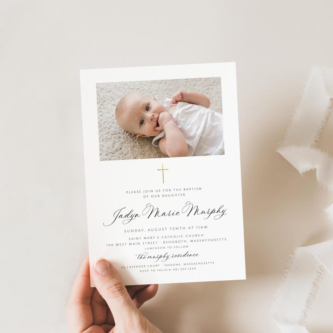 Personalized Baptism Invitation Template: Gold Cross, Photo (digital ...
