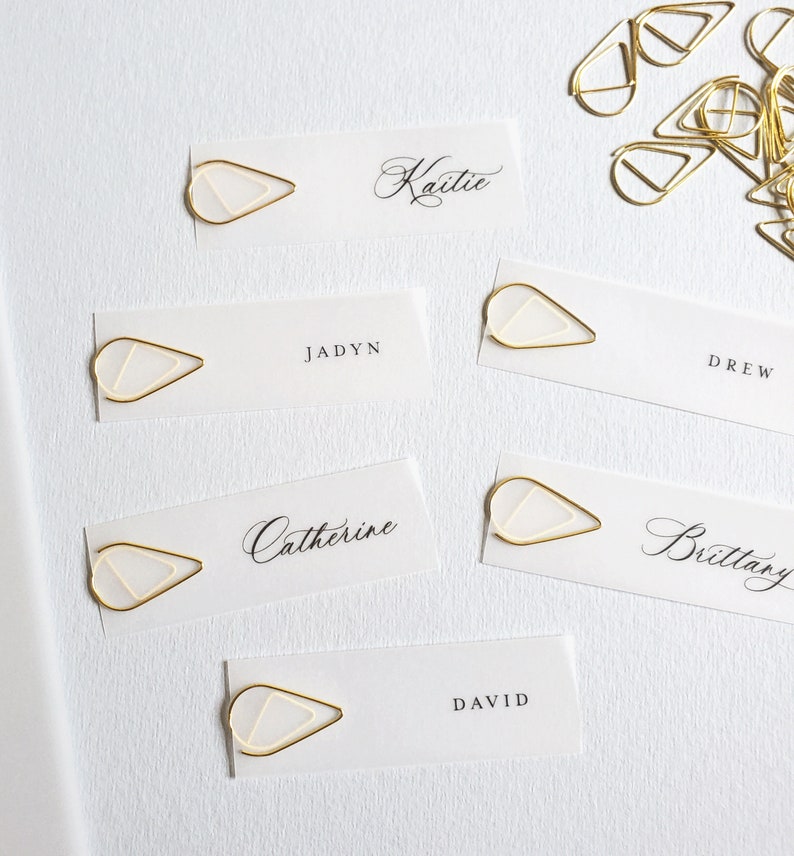 Vellum Wedding Place Cards With Gold Teardrop Clips, Clear Wedding Menu ...
