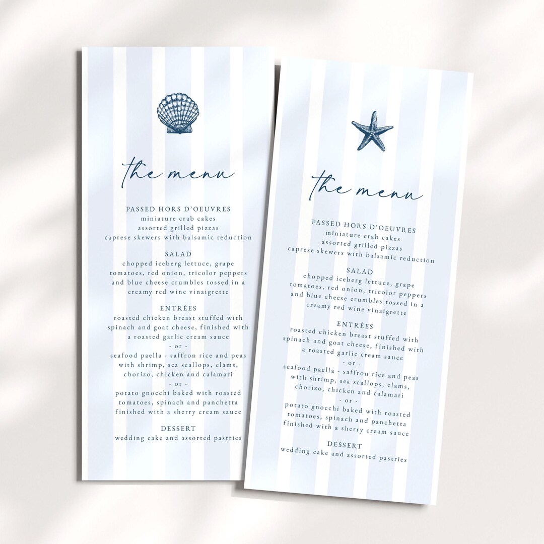 PRINTED Wedding Menus - Blue Shell Beach Wedding Menu - Starfish ...