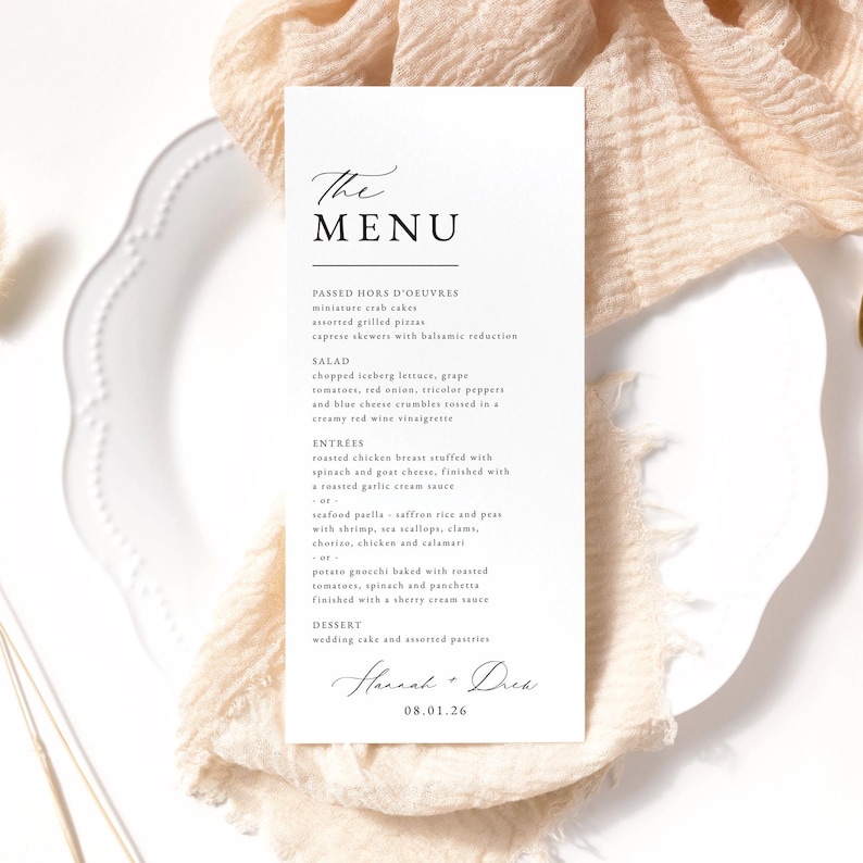 PRINTED Wedding Menus Modern Calligraphy, Black Script Font Wedding ...