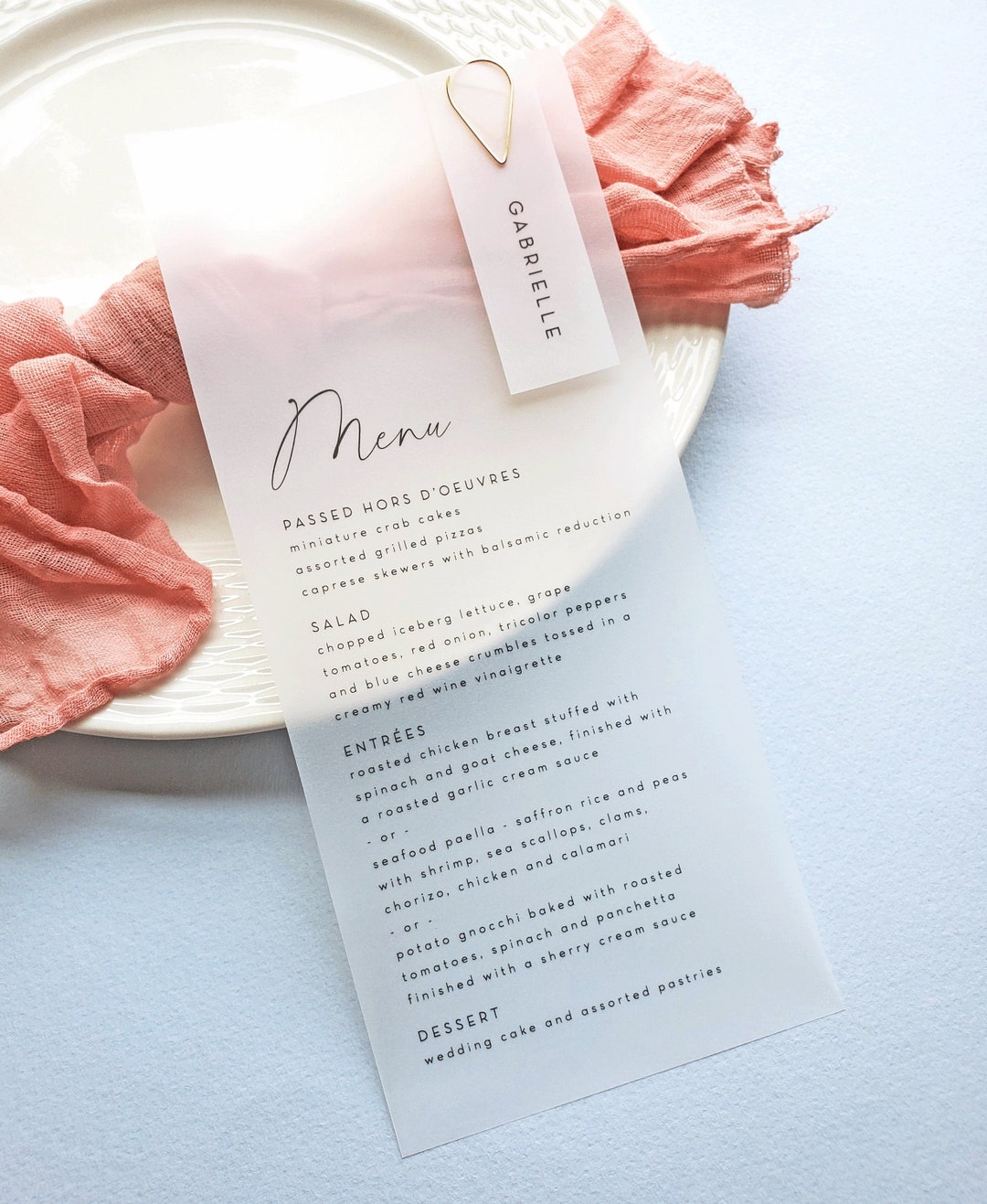 Clear Wedding Menus With Name Card and Clip - Custom Printed Modern ...