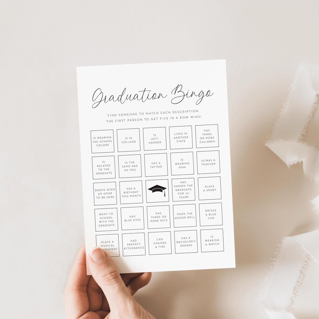 Graduation Party Game - Find the Guest Bingo Modern Black Script Grad ...