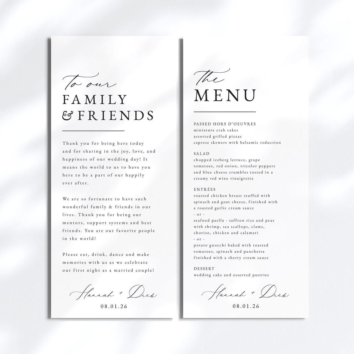 Wedding Menu & Thank You Card, Printed Wedding Menus, Minimalist Black ...