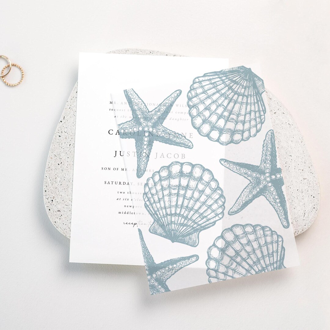 Teal Shell Starfish Vellum Overlay: Beach Wedding Invitations (DIY ...