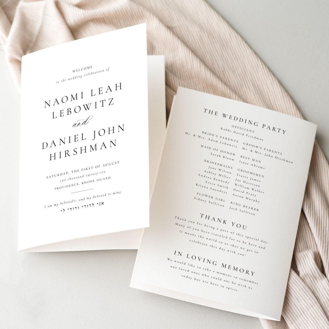 Jewish Wedding Program Template: Printable Folded Ceremony Program ...