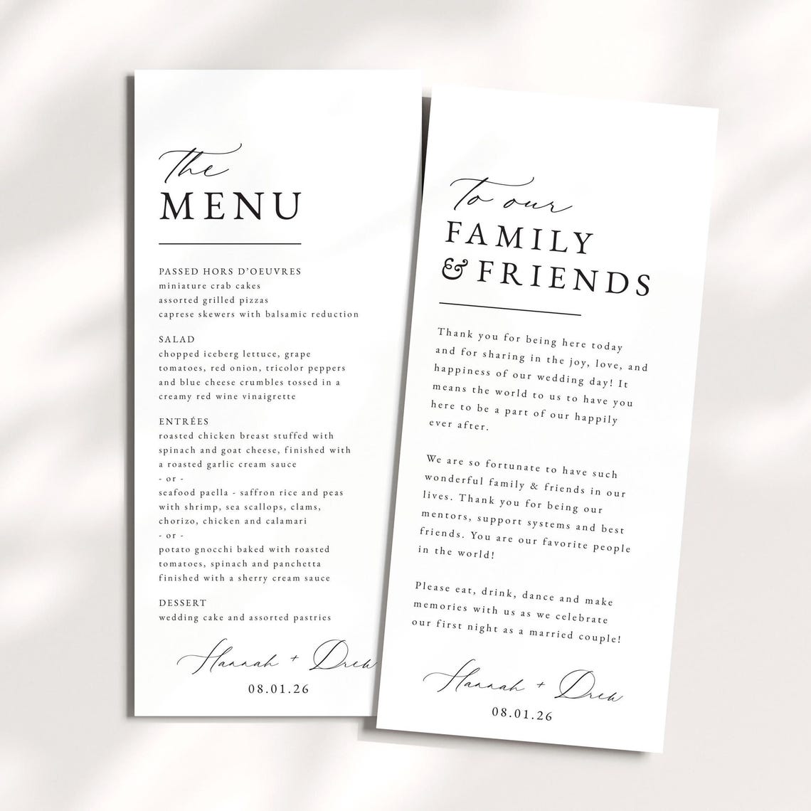 Wedding Menu & Thank You Card, Printed Wedding Menus, Minimalist Black ...