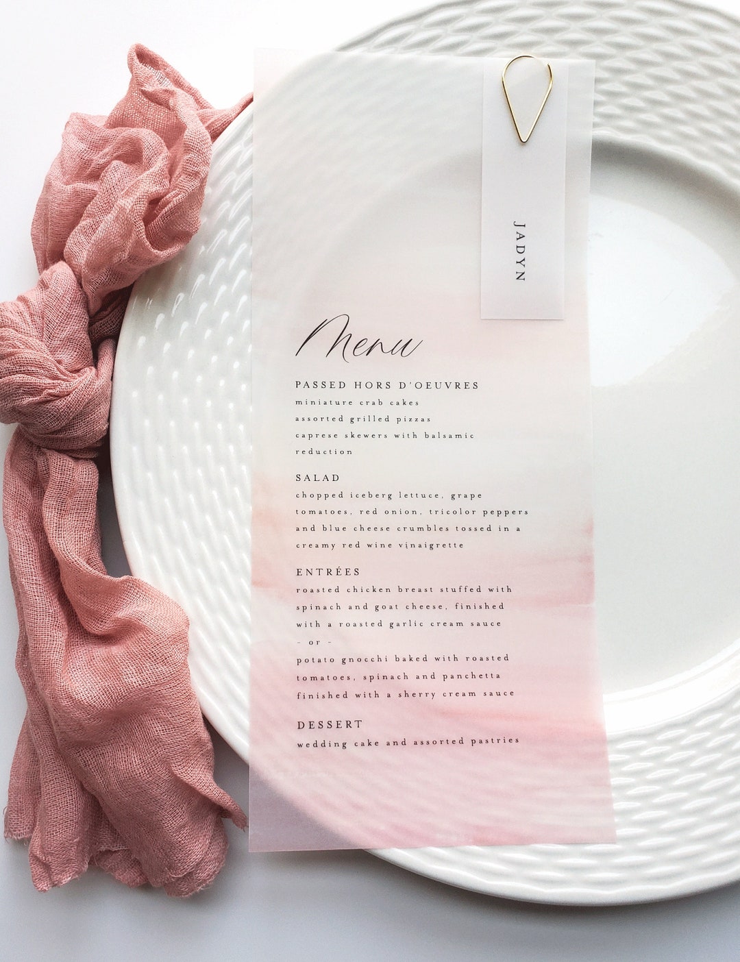 Clear Wedding Menus With Name Card and Clip - Printed Blush Pink ...