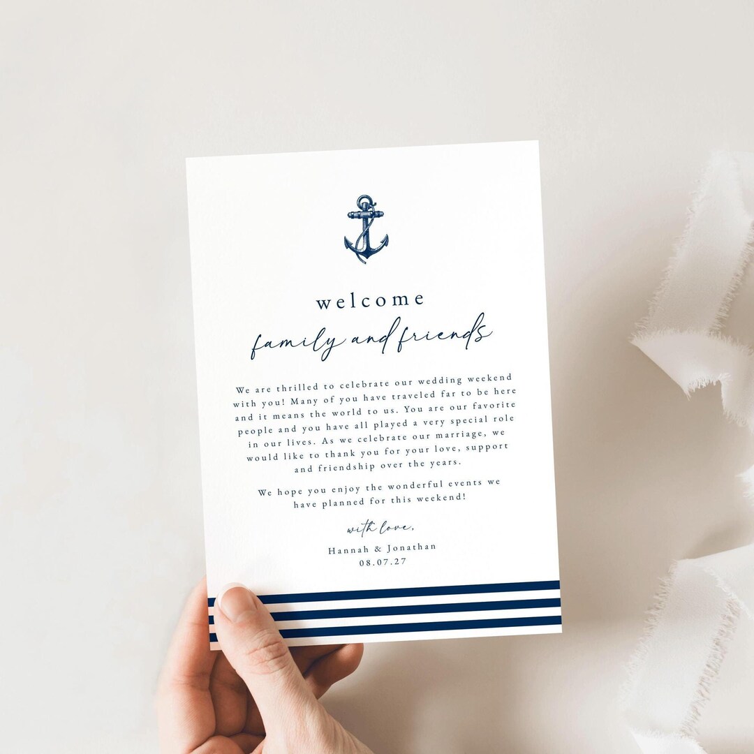 Nautical Wedding Welcome Card Template: Navy Blue Anchor Itinerary ...