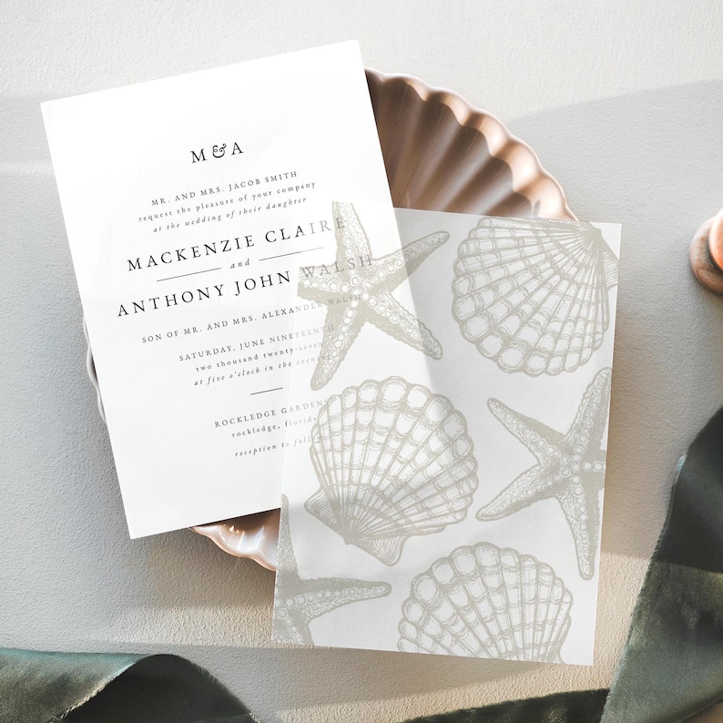 Printable Shell Starfish Vellum Overlay: Beach Wedding Invitations (DIY ...