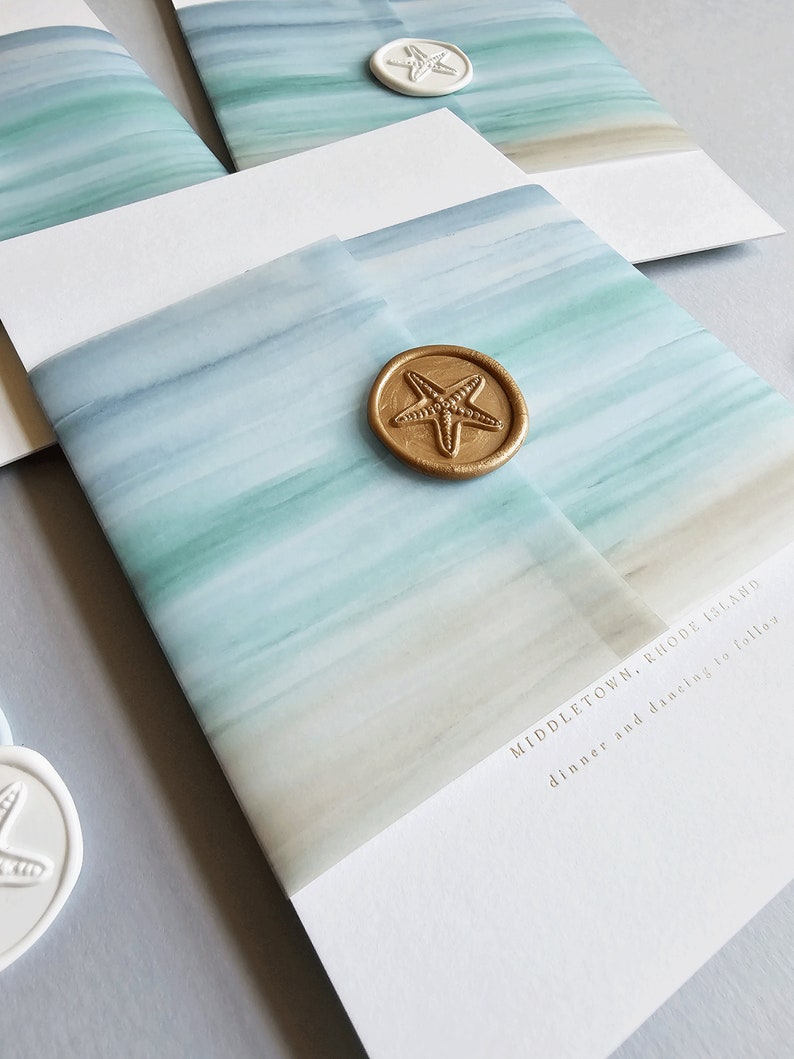 Beach Wedding Invitation Vellum Wrap, Blue Aqua Teal Watercolor, Ocean ...