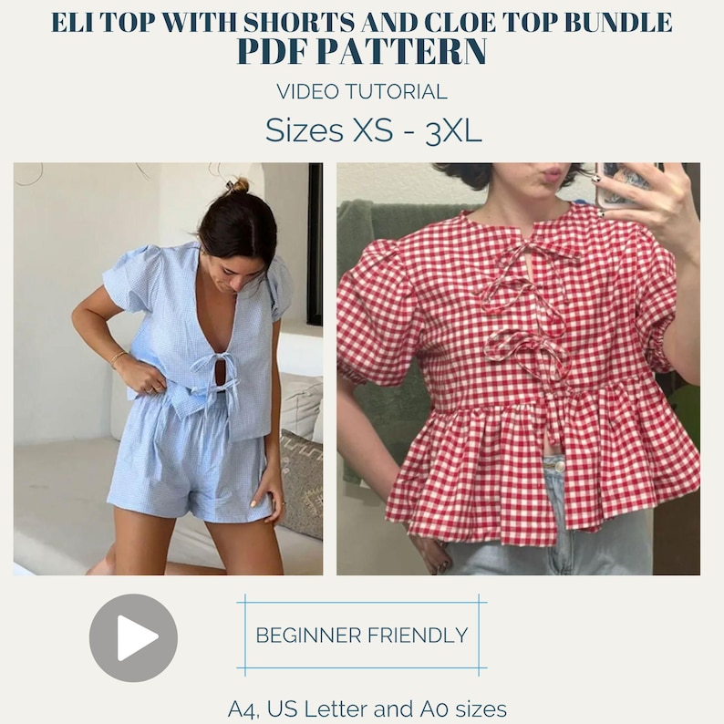 Puffed Sleeve Top & Shorts Sewing Pattern: Bow Front Blouse (XS-XXXL ...