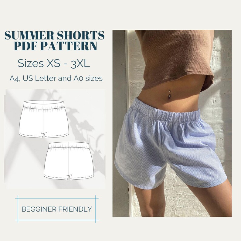 Summer Shorts Pattern, Women Shorts Pattern, Illustrated Instruction, Elastic Waistband Shorts ...