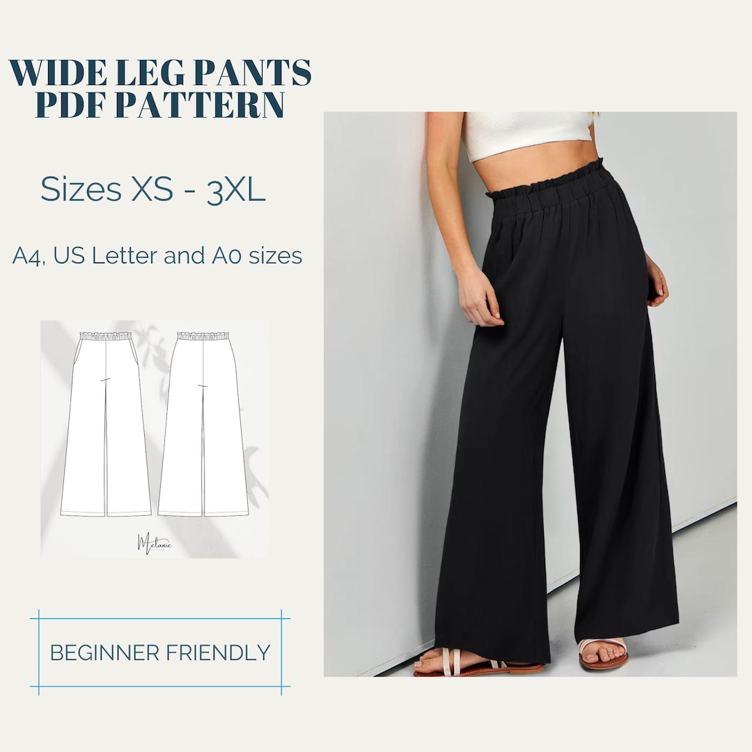 Wide Leg Pants Pattern, Women Pants Pattern, Illustrated Instruction, Elastic Waistband, High ...