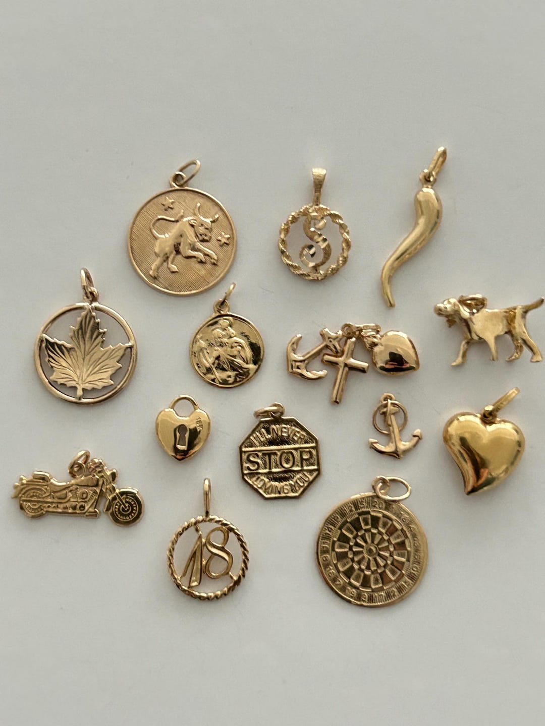 Vintage Solid Gold Charms: Heart, St Christopher, Love Faith Hope, S ...