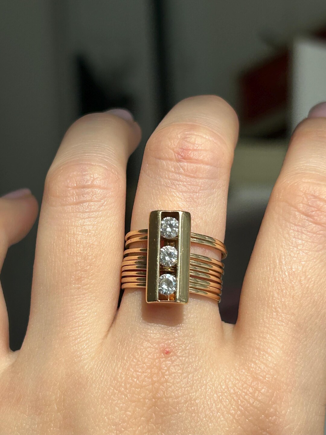 Vintage 14k Solid Yellow Gold Slider Diamond Ring, Unique Diamond Ring ...