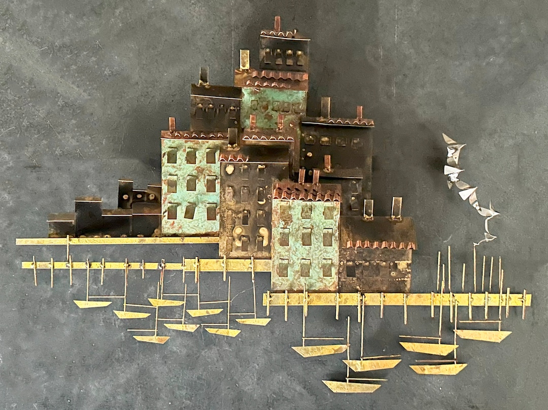 1971 Curtis Jere Large Coastal Cityscape Wall Sculpture Signed 41” X 30 ...