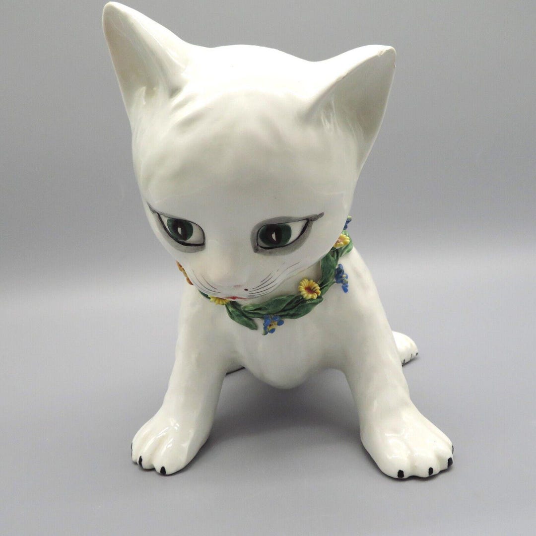 Italian Ceramic Cat Figurine Floral Collar Pretty Green Eyes VTG 7.5 ...