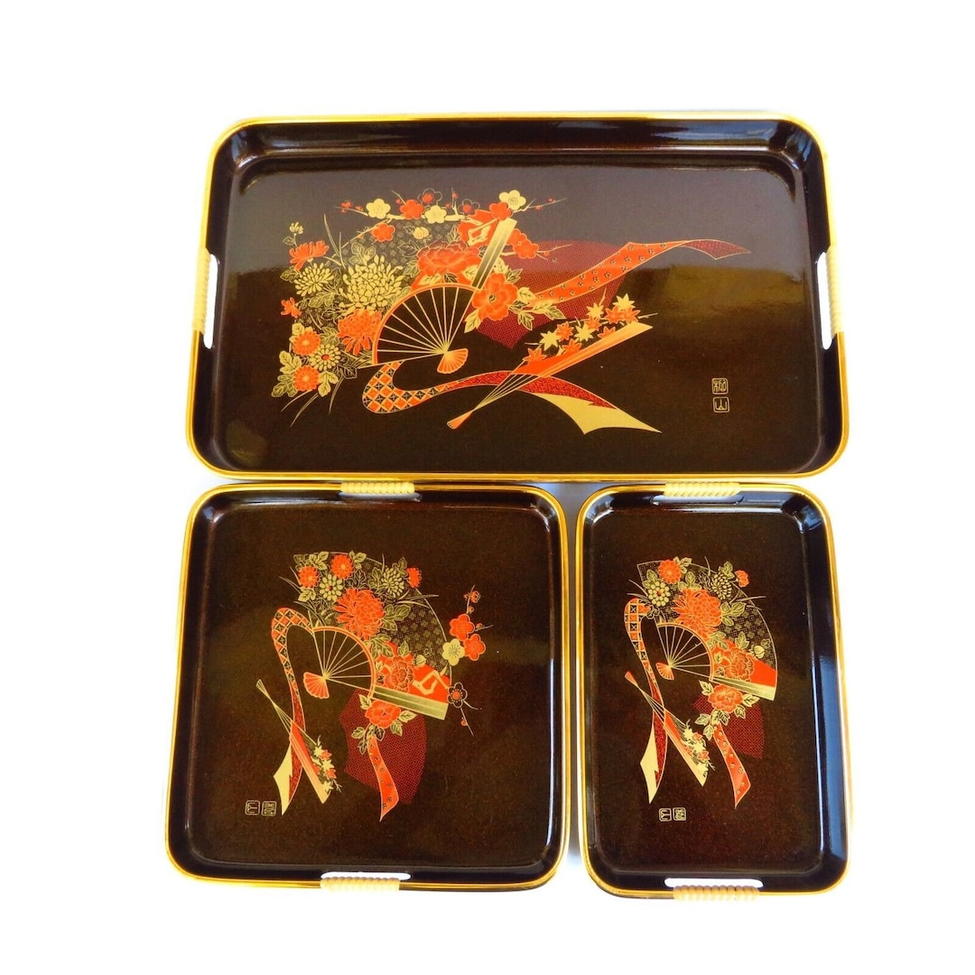 Vintage Japanese Black Lacquer Ware Nesting Trays Set of 3 Gold Trim ...