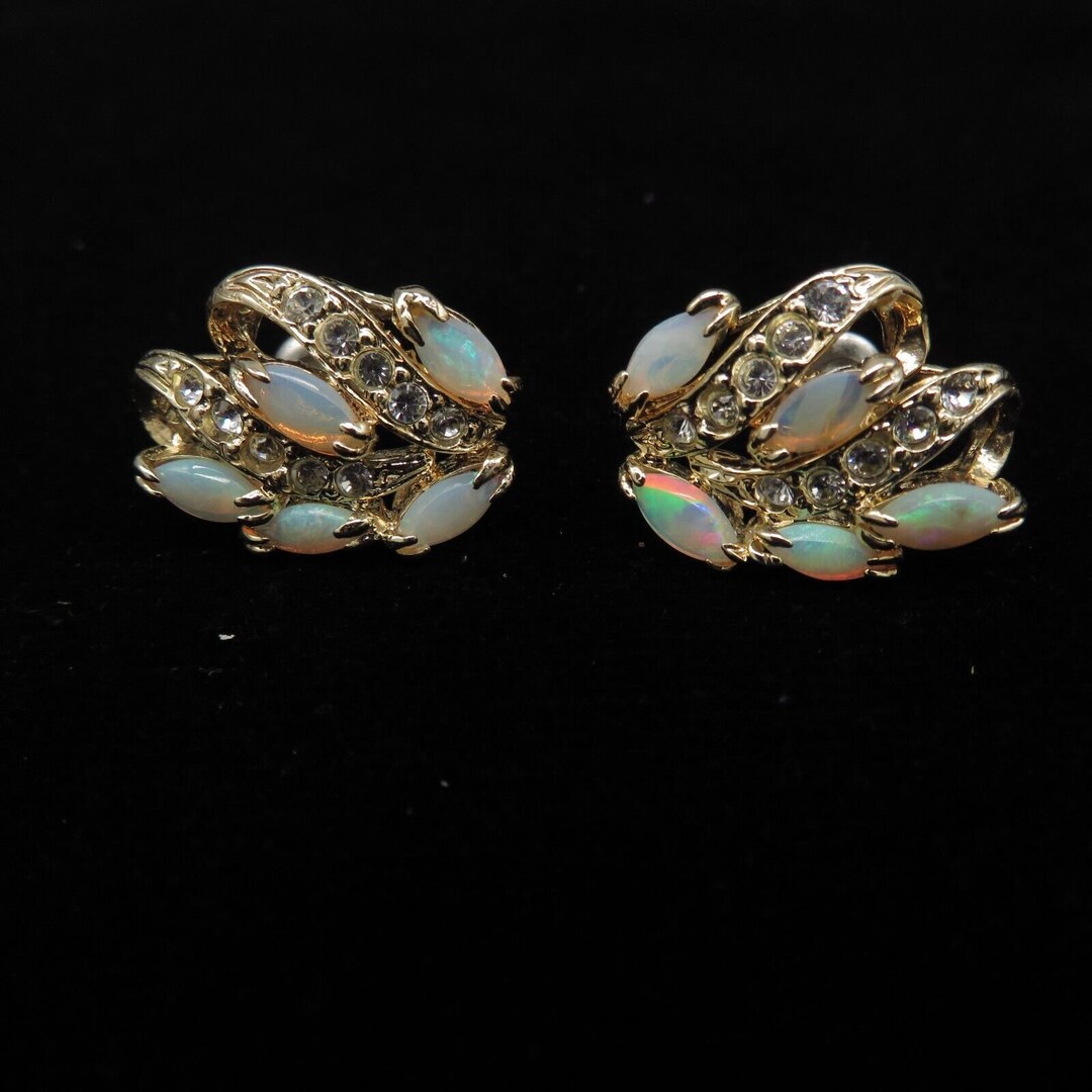Vintage Mid Century Gold Tone Faux Opal Earrings Rhinestones Post - Etsy