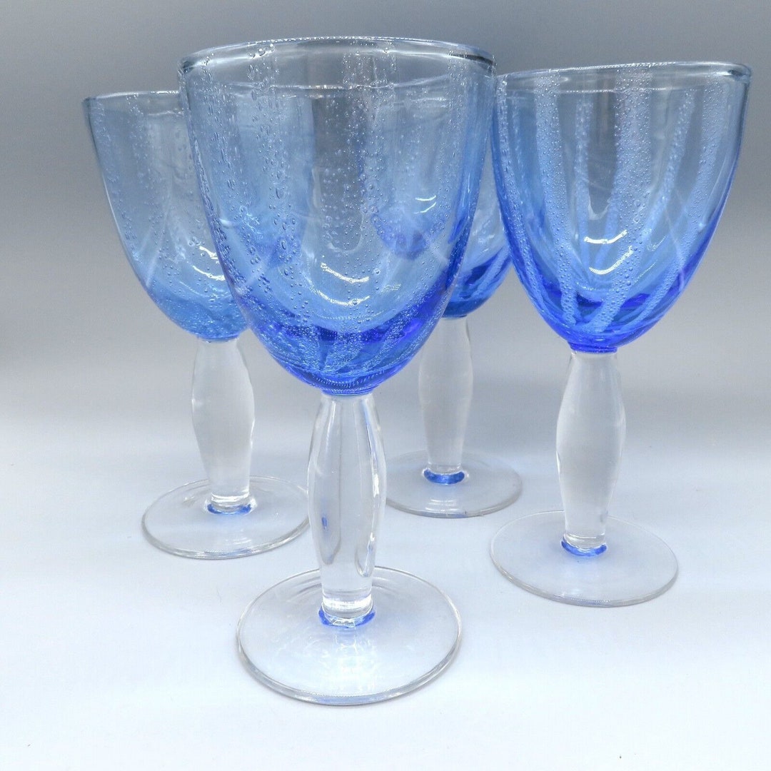 Hand Blown Artland Iris Glass Bubble Wine Goblets 14 Oz Sapphire Blue Set Of 4 Etsy