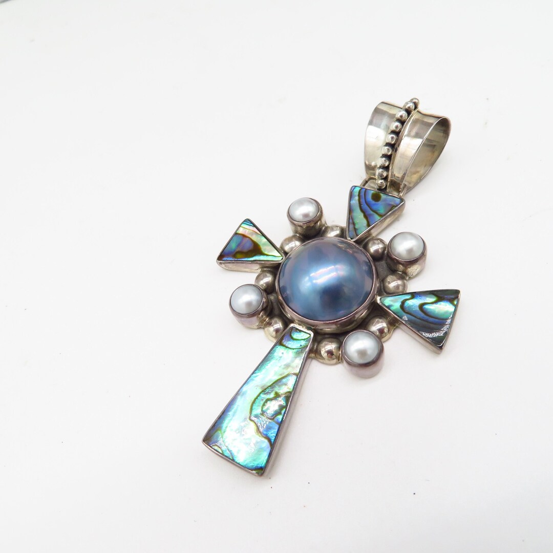 Sterling Silver Cross Pendant Huge 2 3/4 Long Abalone Faux Mabe Pearl ...