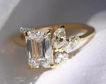 Cluster Moissanite Unique Engagement Ring Emerald Cut Moissanite Ring 2 ...