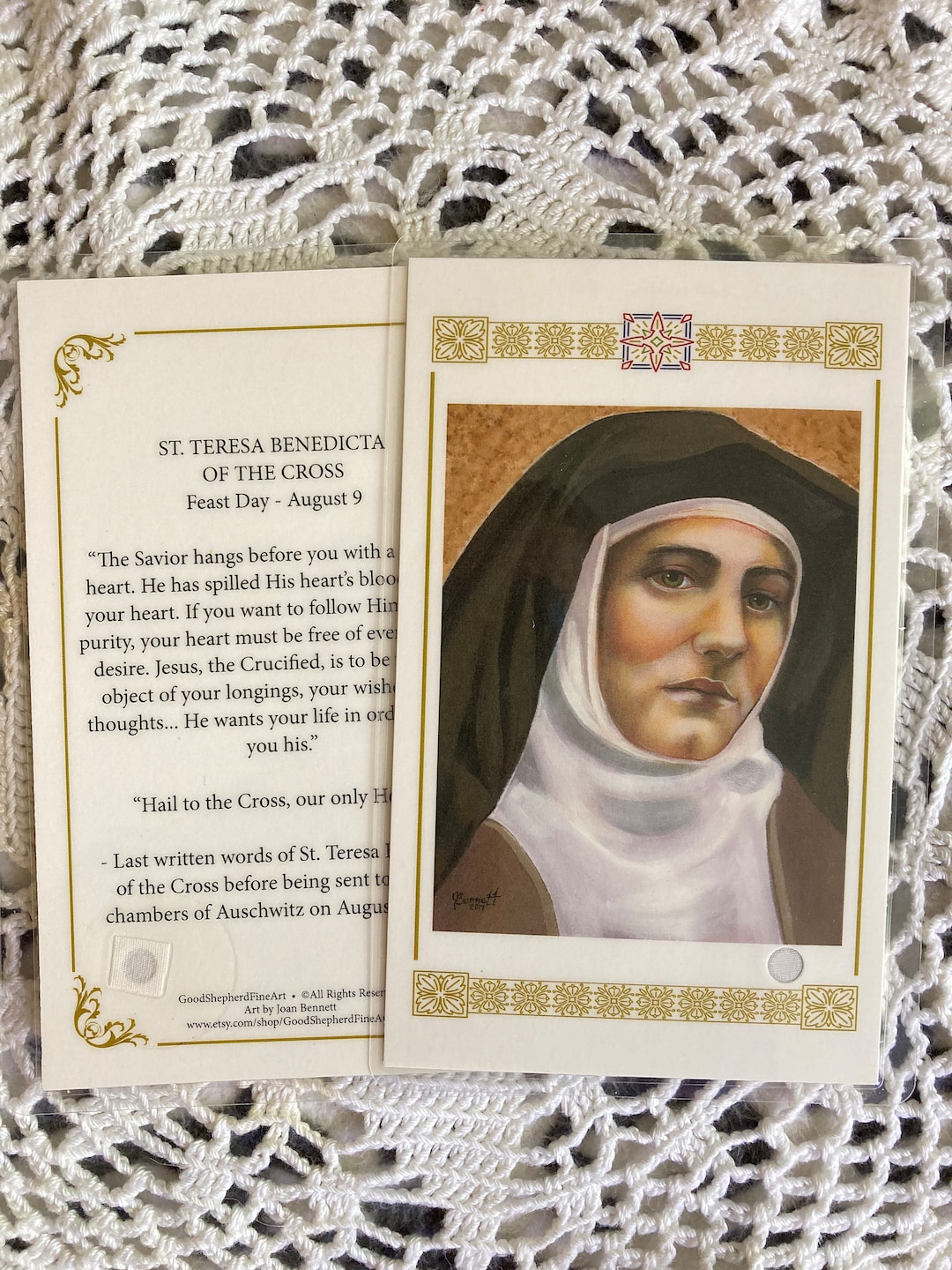 CUSTOM St Teresa Benedicta of the Cross, 3 5/8x5.5 Laminated Relic Holy ...