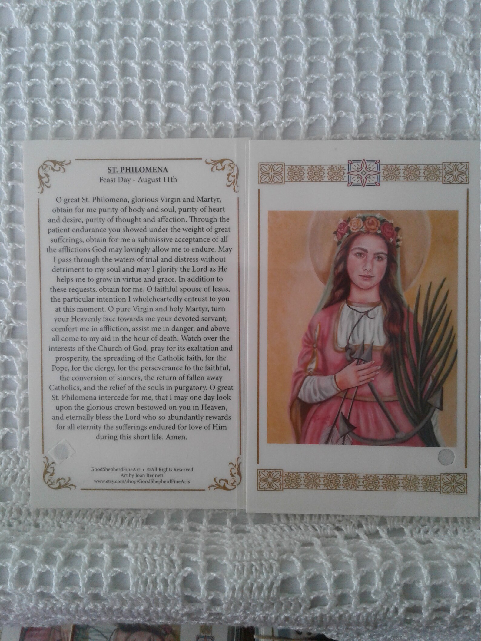 Saint Philomena Patron Saint Relic Holy-prayer Card on Warm - Etsy