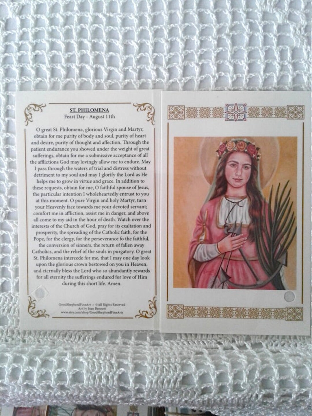 Saint Philomena, Patron Saint, Relic Holy-prayer Card on Warm White ...
