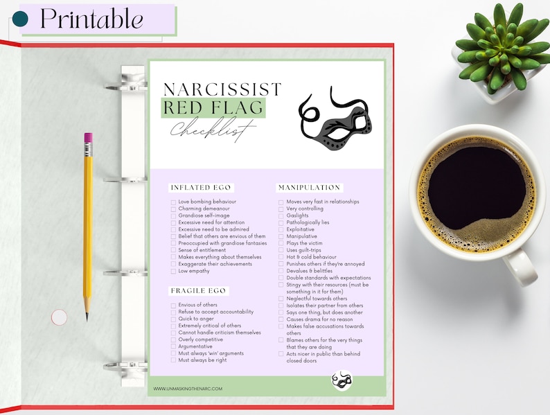 Narcissist Red Flag Checklist Printable, Digital Narcissistic Abuse Recovery Journal ...