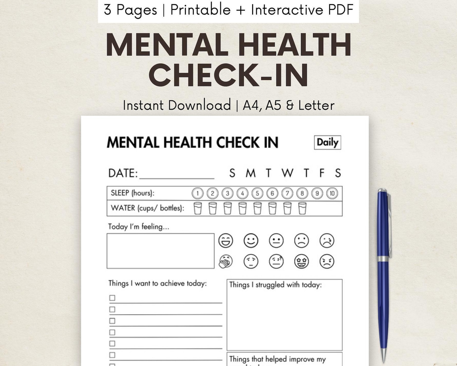 Mental Health Check In, Printable & Digital PDF, Tracker, Checklist ...