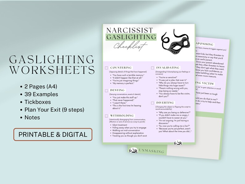 Narcissist Gaslighting Checklist, Printable & Digital PDF, Healing Journal, Narcissism ...