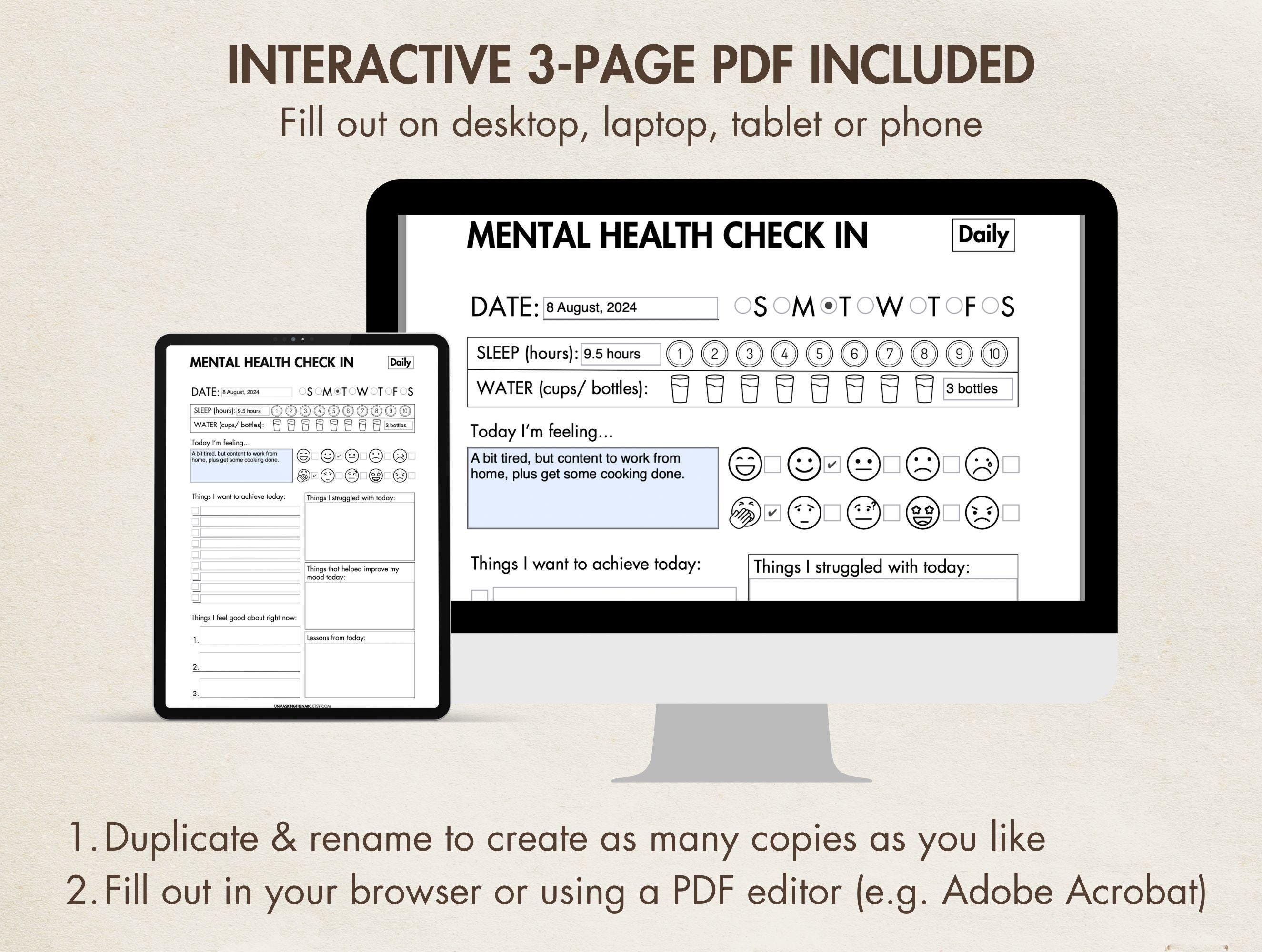 Mental Health Check in Printable, Digital Emotion Tracker, Toxic ...