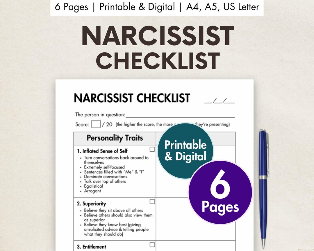 Narcissist Checklist Printable, Digital Narcissistic Abuse Healing ...