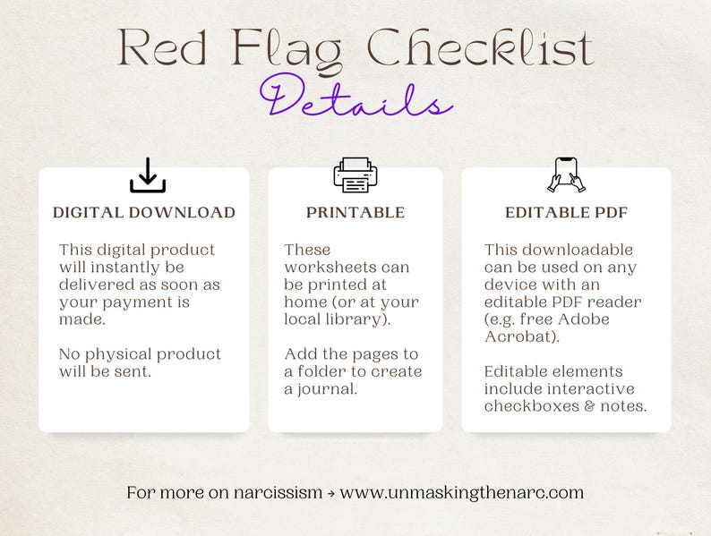 Narcissist Red Flag Checklist, Printable & Digital PDF, Narcissistic Abuse Recovery Journal ...