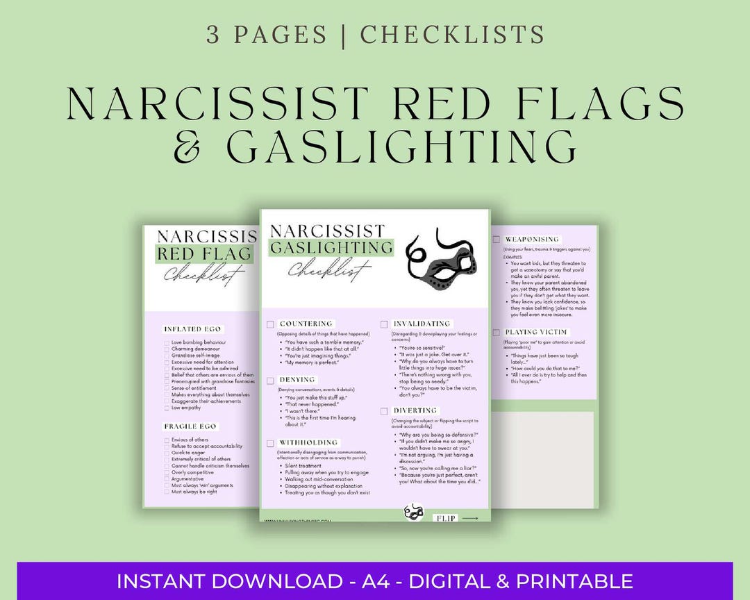 Narcissist Red Flag & Gaslighting Checklists, Printable and Digital PDF, Narcissistic Abuse ...