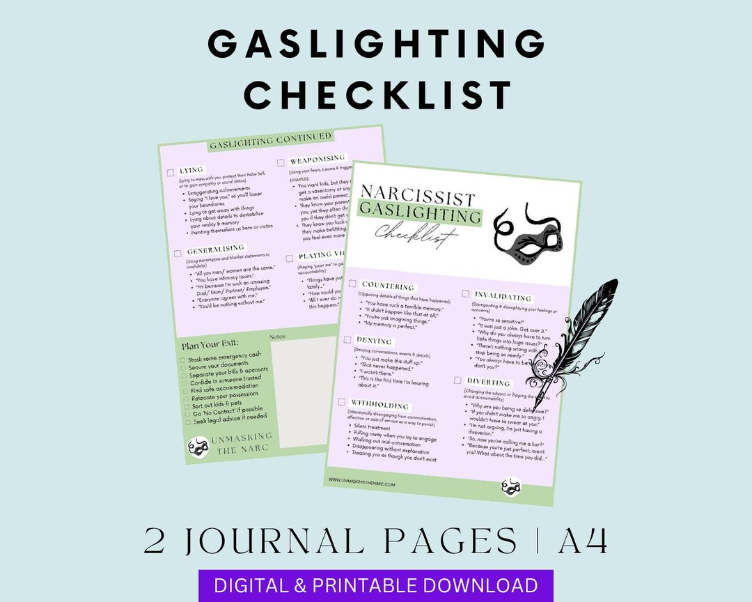 Narcissist Gaslighting Checklist, Printable & Digital PDF, Healing Journal, Narcissism ...