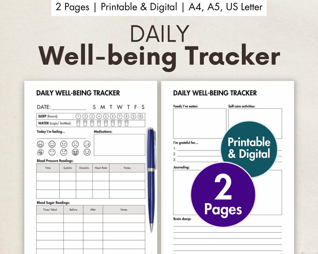 Daily Well-being Tracker Printable Digital Mental Health Diary Blood ...