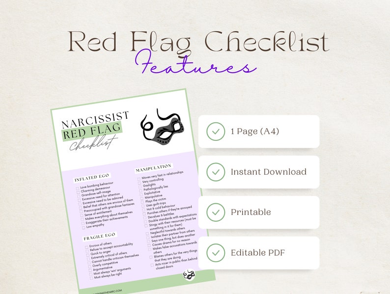 Narcissist Red Flag Checklist, Printable & Digital PDF, Narcissistic Abuse Recovery Journal ...