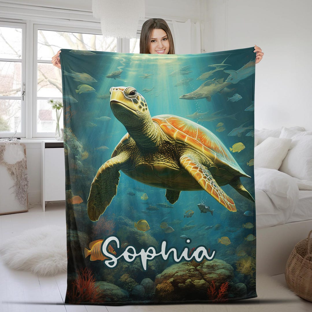 Turtle Blanket, Personalized Sea Turtle & Flower Blanket, Custom Name ...