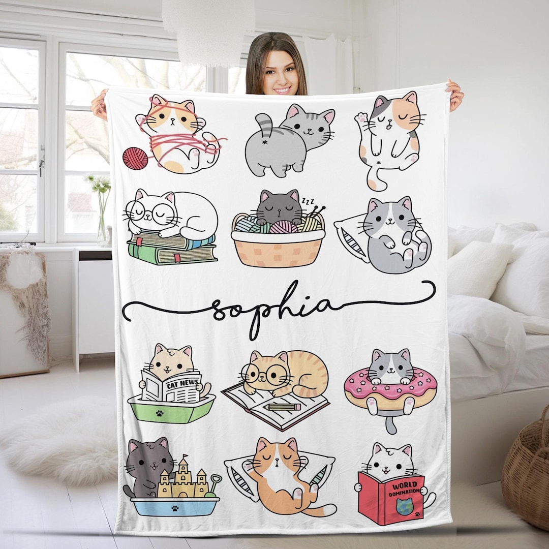 Personalized Cat Blanket, Cute Cats Blanket, Custom Name Soft Cozy ...