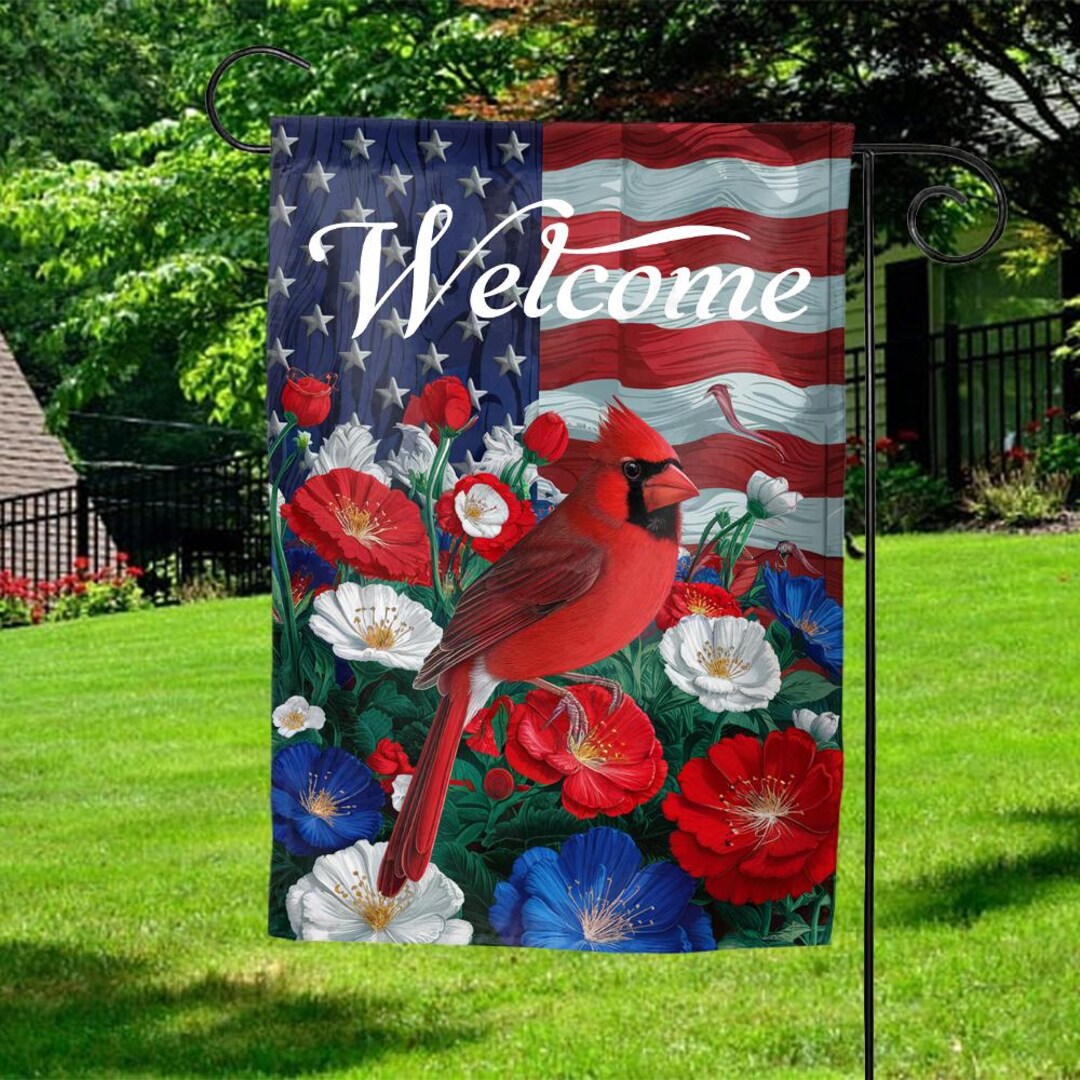 Red Cardinal and Flowers Welcome Flag, Design Bird Garden Flag ...