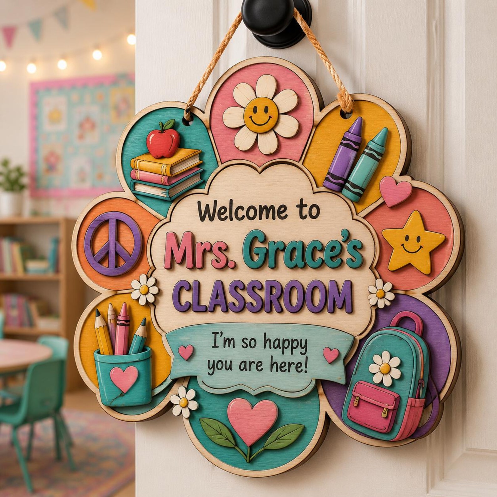 Custom Name Teacher Door Sign, Personalized Teacher Door Hanger, Back ...