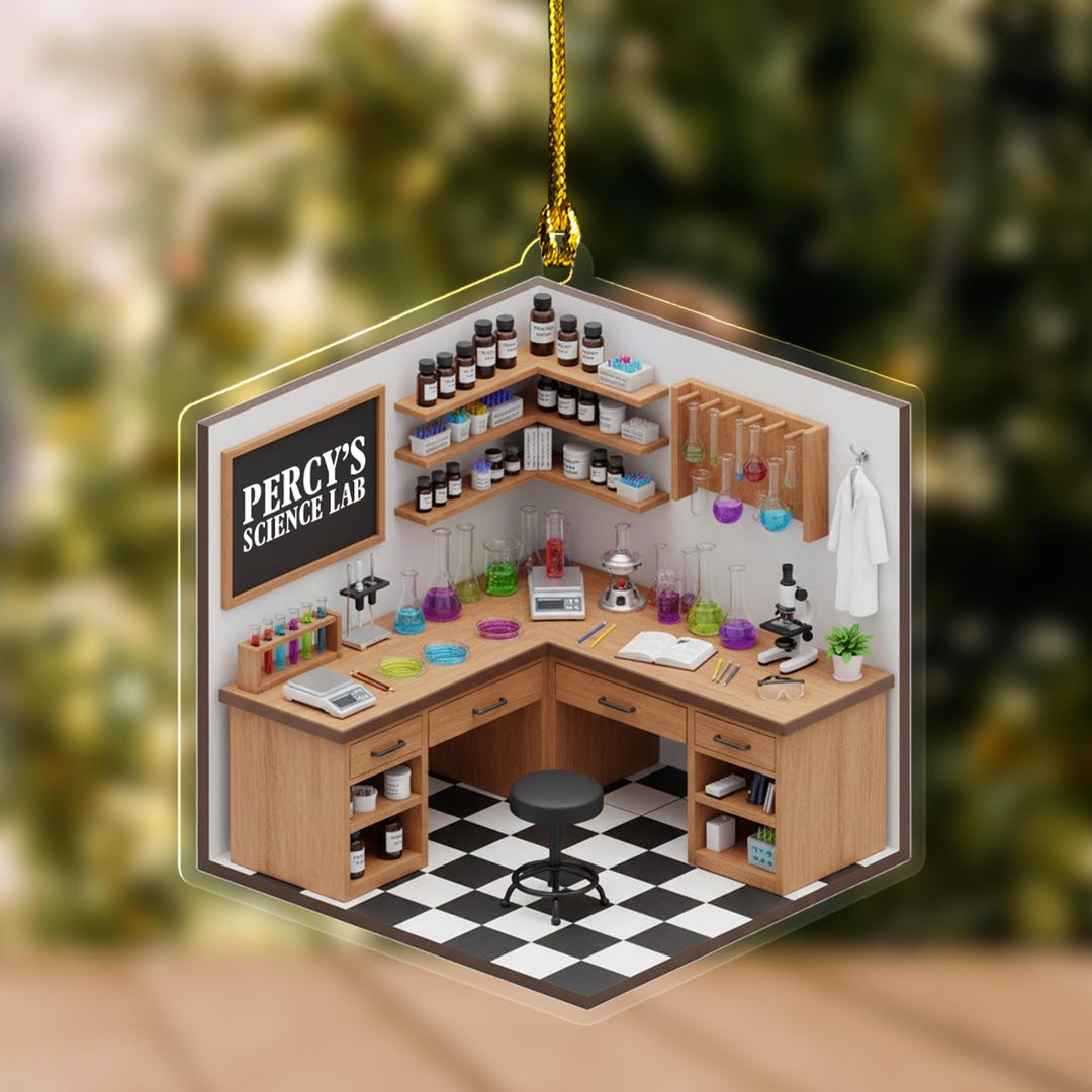 Custom Name Science Lab Christmas Ornament, Flat 2D Science Lab Room ...