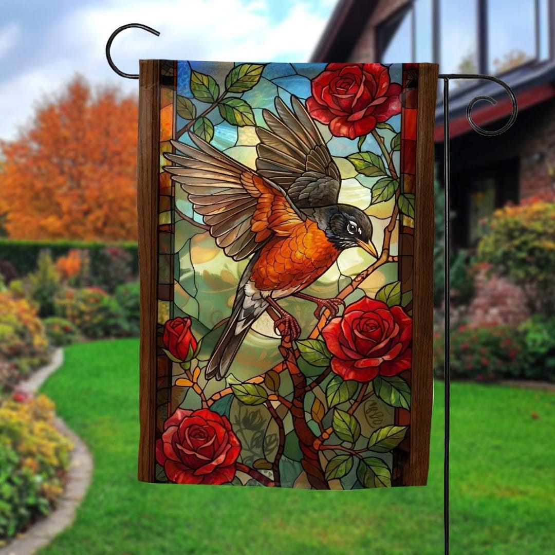 Bird Stained Glass Art Garden Flag, Floral Garden Flag, Robin Lover ...