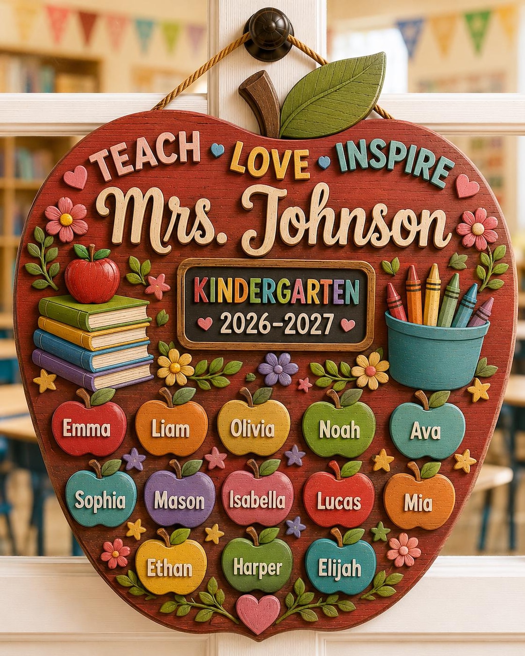 Personalized Apple Teacher Door Sign, Classroom Welcome Plaque, Custom ...